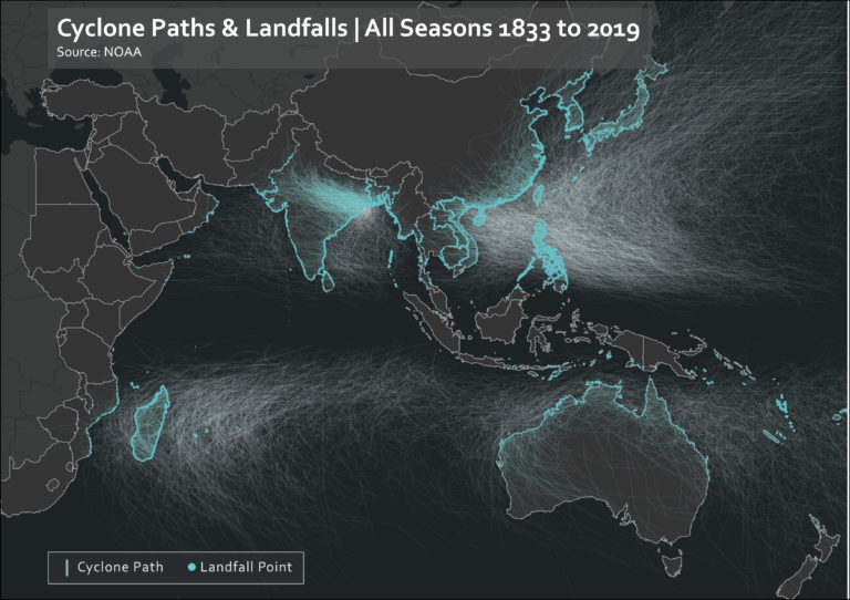 Visualization of Cyclone Paths and Landfall Points 1833 – 2019 ...